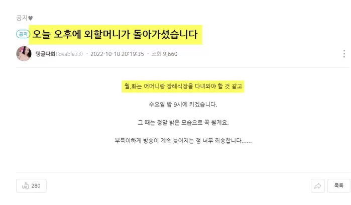 장례식에 갈게요 아프리카 탑 여캠 탱글다희 부고 소식 전했다 네이버 포스트